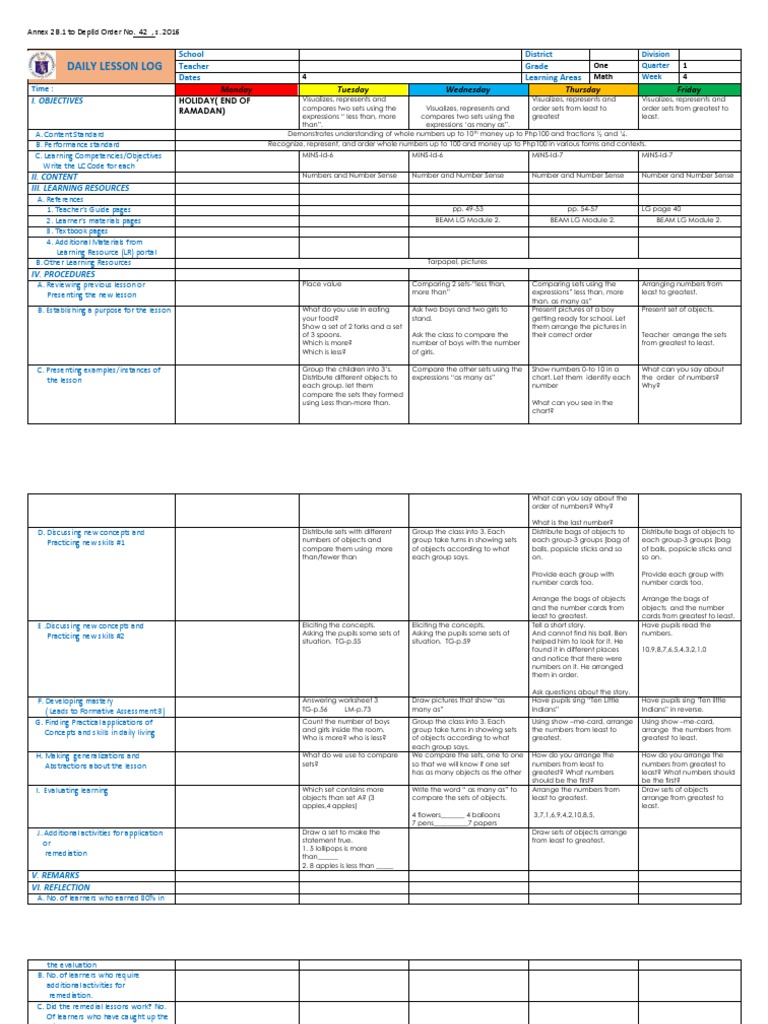 DLL 1-Week 4-Math | PDF | Educational Assessment | Cognition