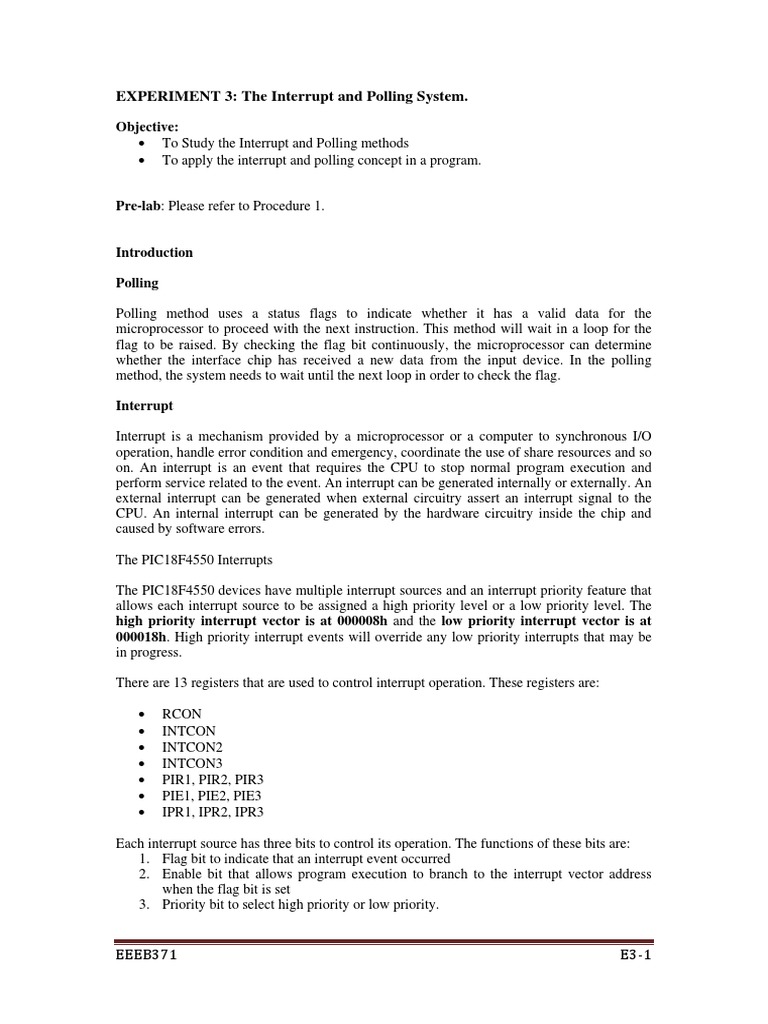 EXPERIMENT 3: The Interrupt and Polling System.: EEEB371 E3 1 | PDF | Central Processing Unit ...