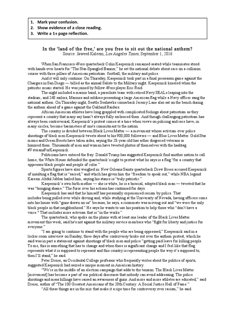 In The Land of The Free Are You Free To Sit Out The National Anthem ...