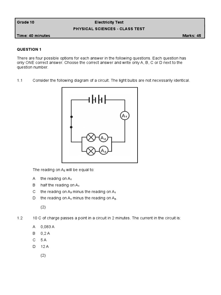 1 Electricity Test Questions | PDF | Series And Parallel Circuits ...
