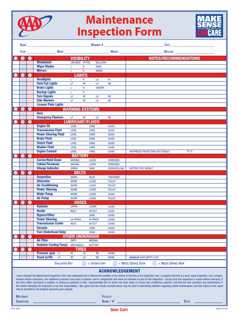 Maintenance Inspection Form: Visibility Notes/Recommendations | PDF ...