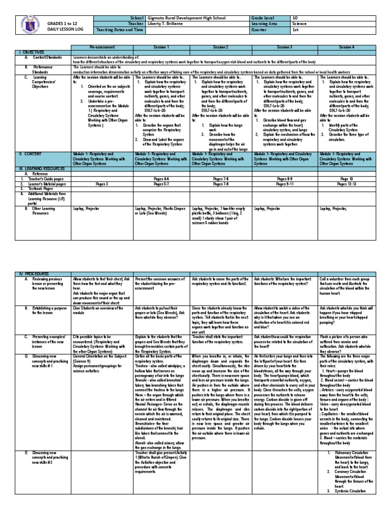 DLL (Science 9, Module 1, Unit 1, Week 1) | PDF | Lung | Blood