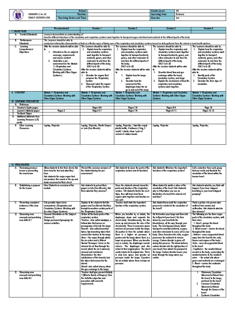 Grade 10 Science Lesson Plan: Circulatory & Respiratory Systems | PDF ...