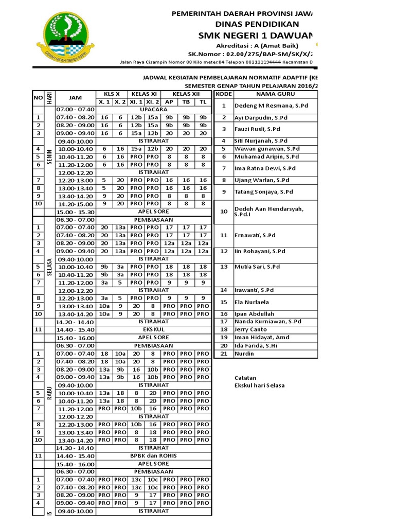 Jadwal Pelajaran SMK Negeri 1 Dawuan | PDF