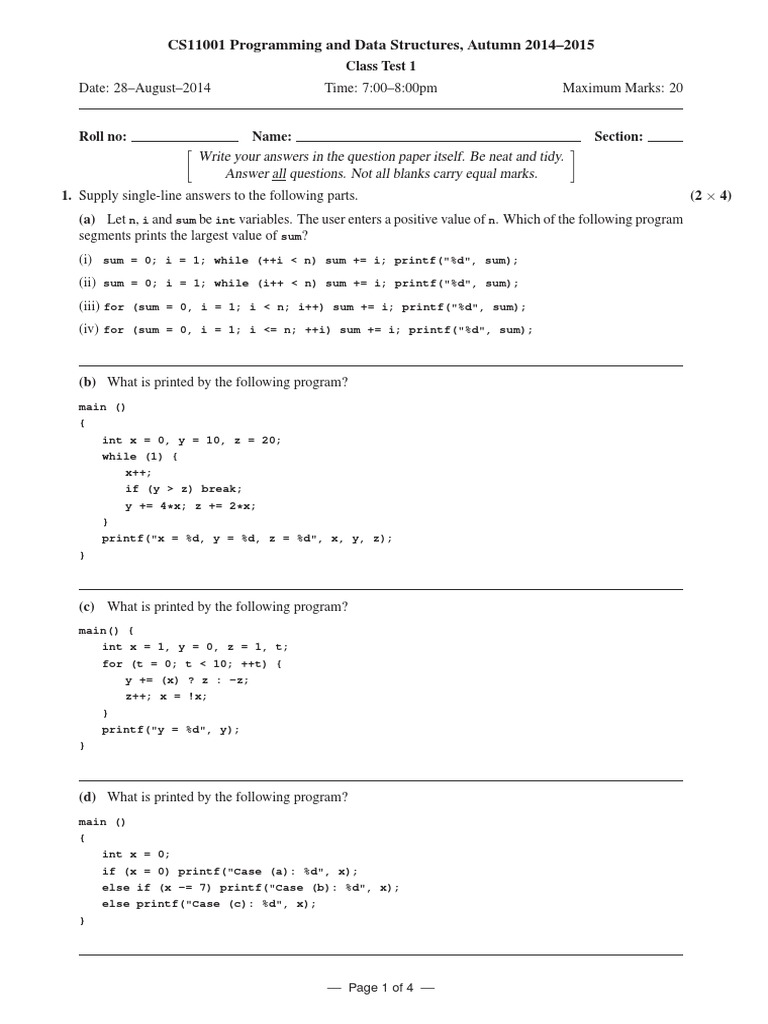 CS11001 Programming and Data Structures, Autumn 2014-2015: Class Test 1 ...