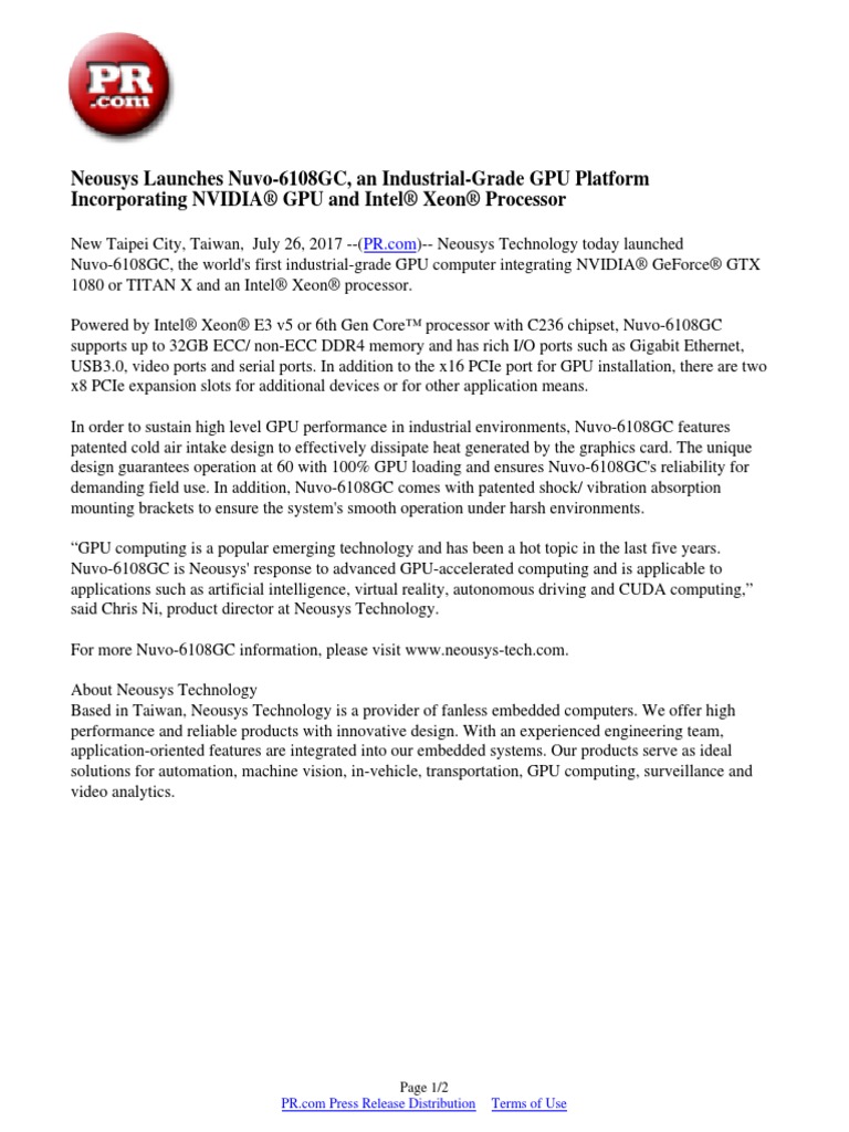 Neousys Launches Nuvo-6108GC, An Industrial-Grade GPU Platform ...