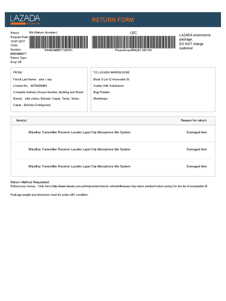 LBC Return Form for Damaged Items | PDF