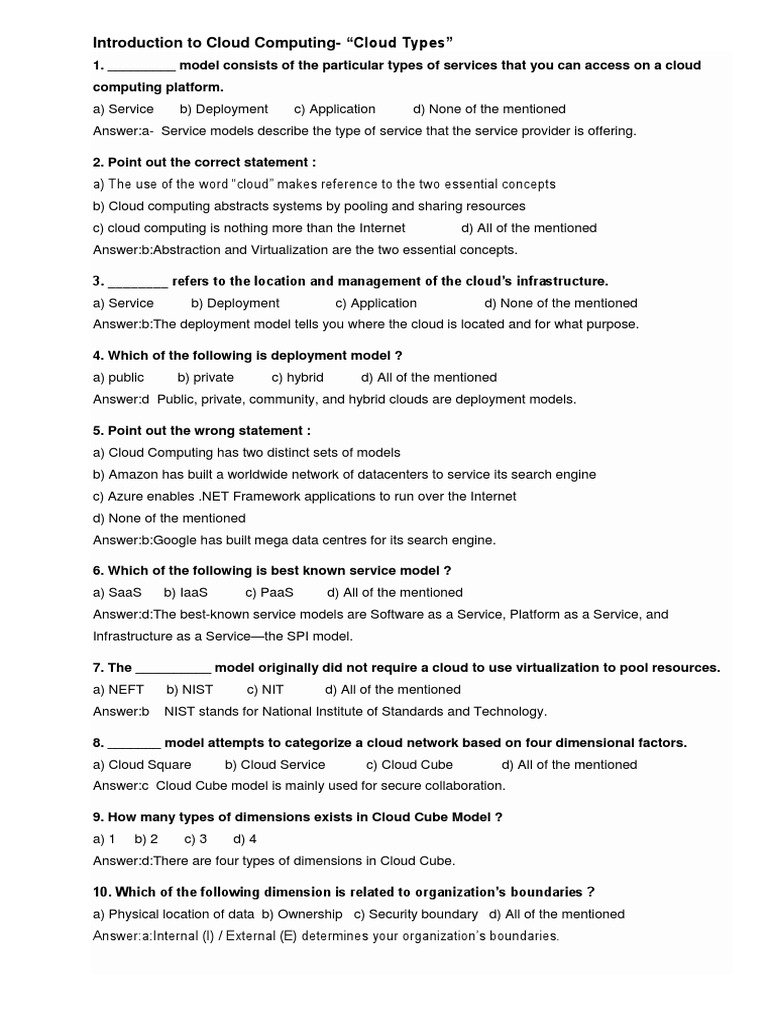Cloud Computing Quiz Guide | PDF | Platform As A Service | Cloud Computing