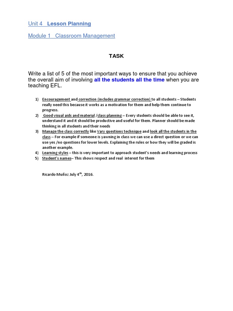 Unit 4 Lesson Planning Module 1 Classroom Management | PDF