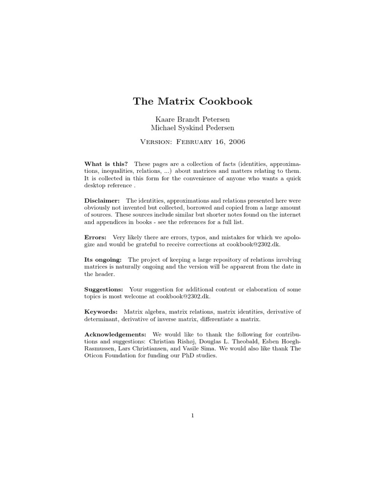 Matrix Cookbook Guide to Derivatives | PDF | Matrix (Mathematics ...