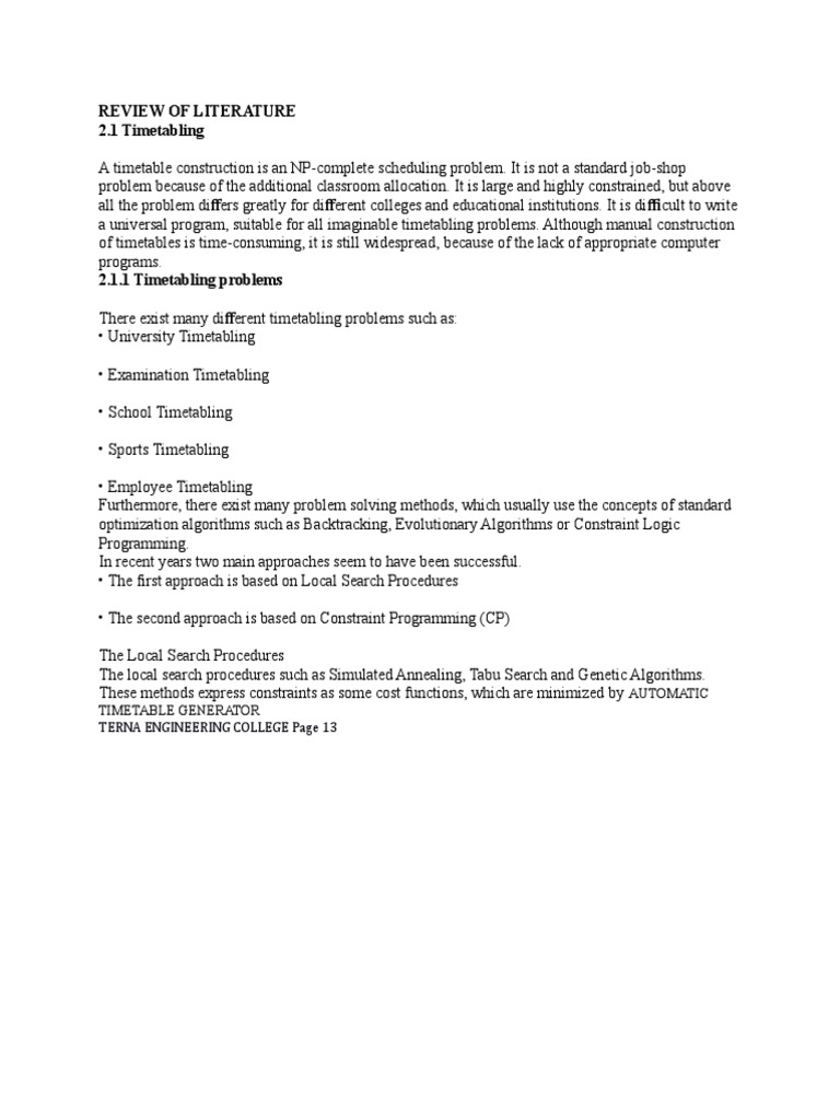 Literature Regarding Automatic Timetable Generation | PDF | Mathematical Optimization ...