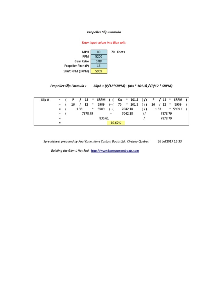 Propeller Slip Formula: Enter Input Values Into Blue Cells | PDF
