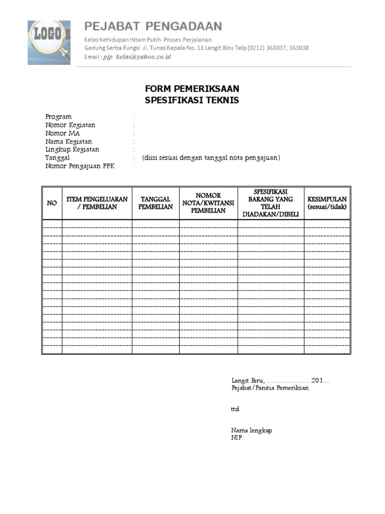 Formulir Pemeriksaan Spesifikasi Barang | PDF