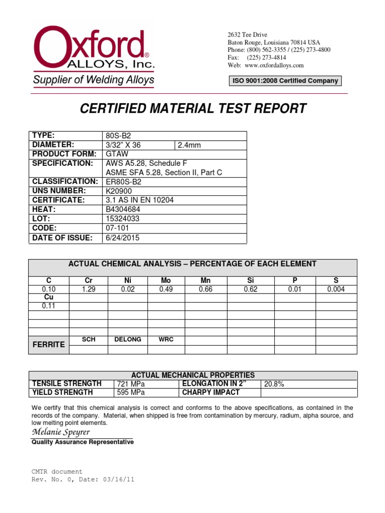 Certified Material Test Report: Melanie Speyrer | PDF