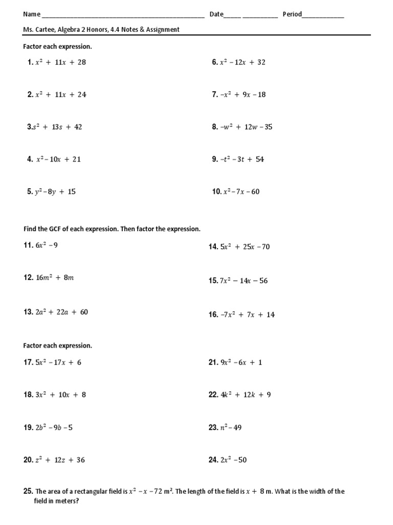 Algebra 2 Honors: Factoring Practice | PDF | Factorization | Algebra