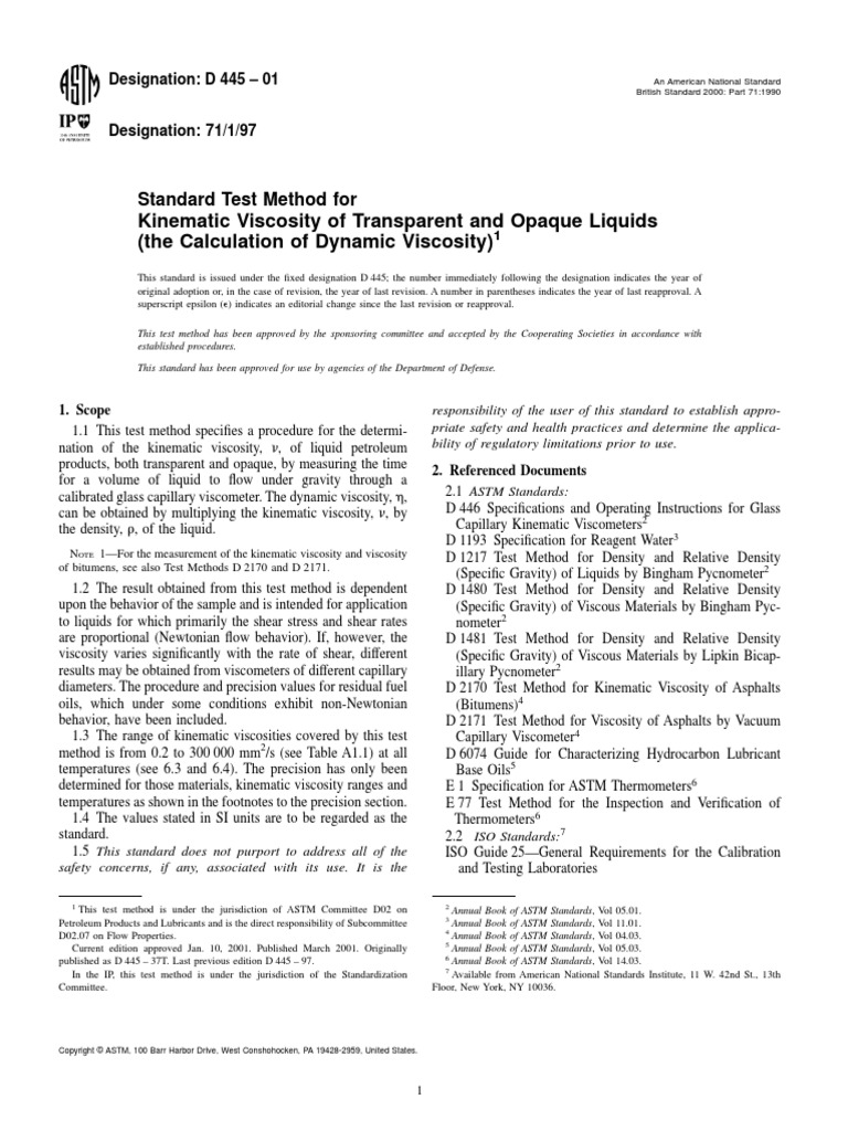 Astm D445-01 PDF | PDF | Viscosity | Thermometer