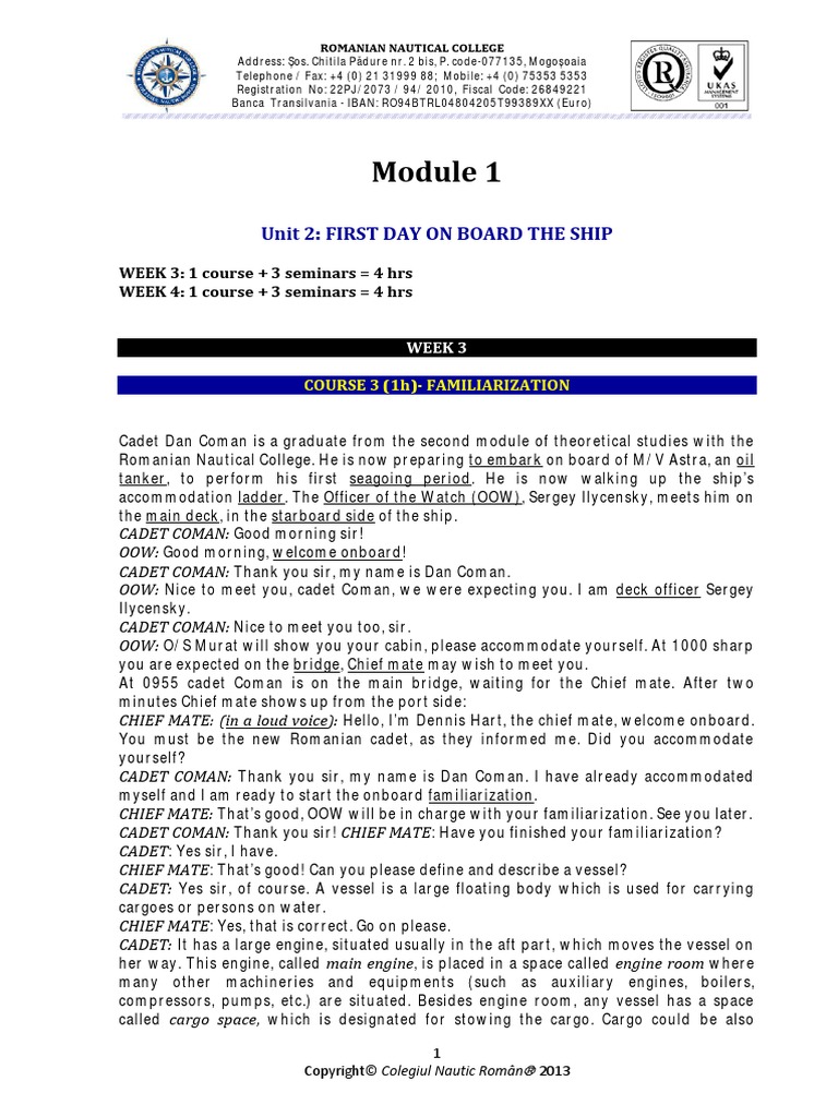 Module 1 Unit 2, First Day On Board The Ship | PDF | Deck (Ship) | Ships