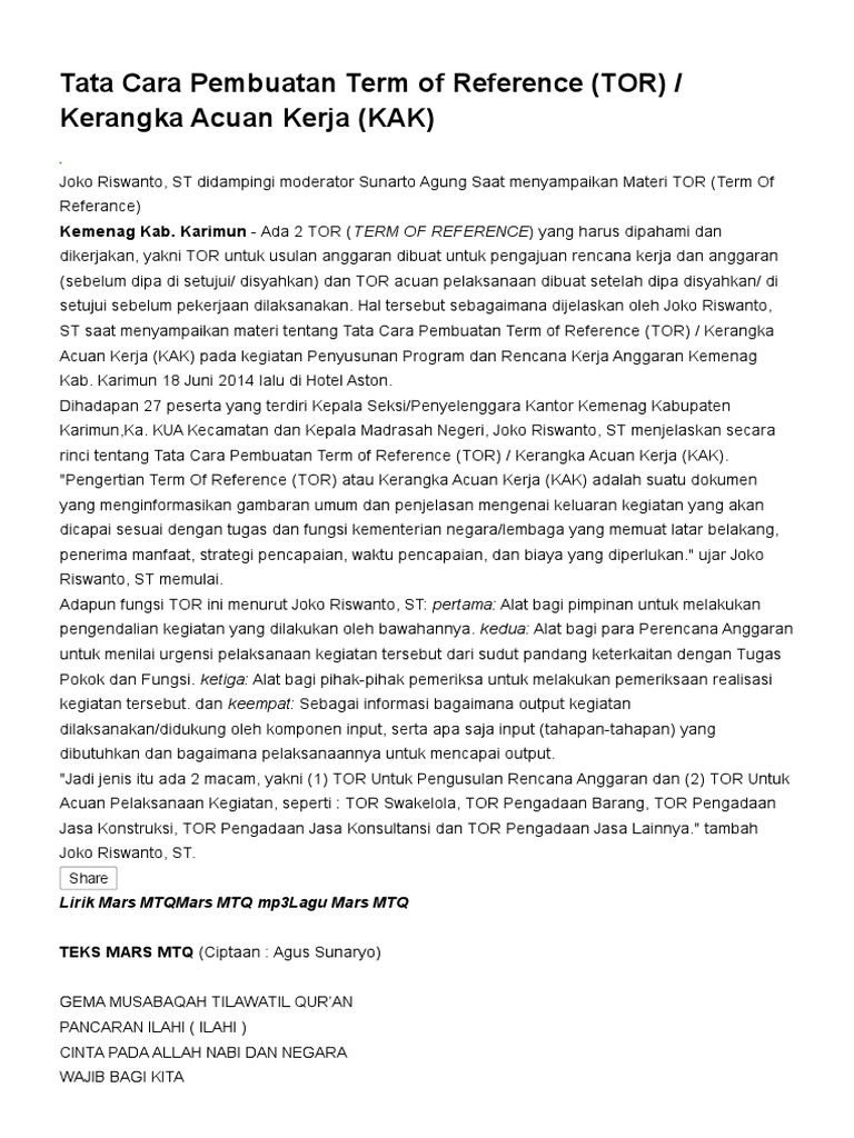 Tata Cara Pembuatan Term of Reference (TOR) - Kerangka Acuan Kerja (KAK ...