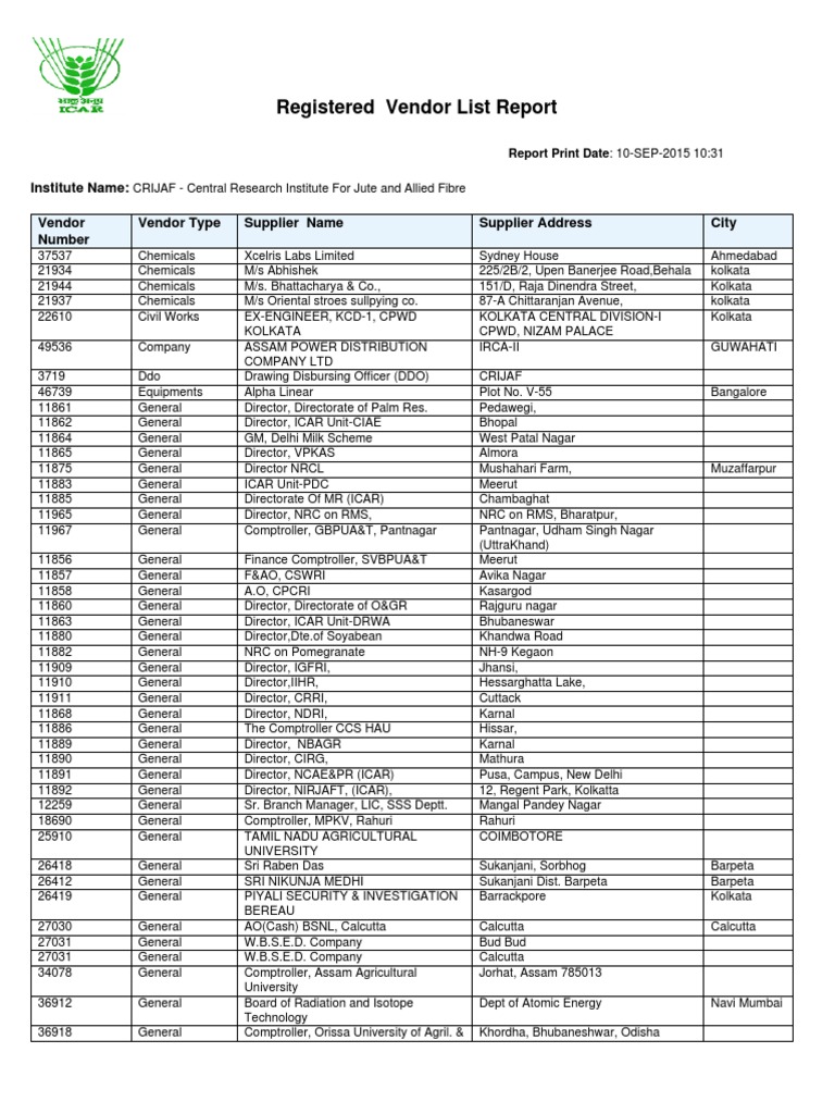 Registered Vendor List Report: Institute Name: Vendor Number Vendor ...