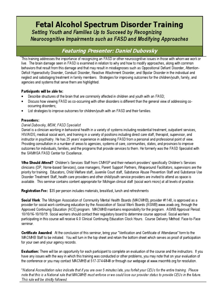 FASD Brochure - 2017 Five Training Dates | PDF | Mental Health | Social ...