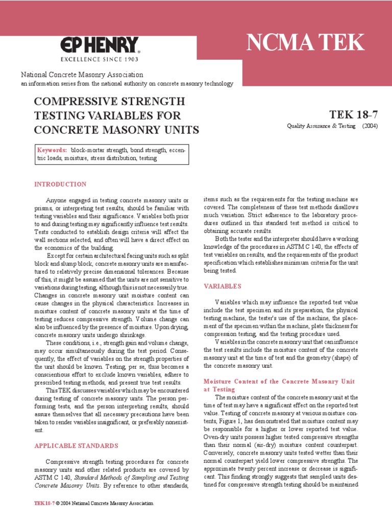 Ncma Tek: Compressive Strength Testing Variables For Concrete Masonry ...