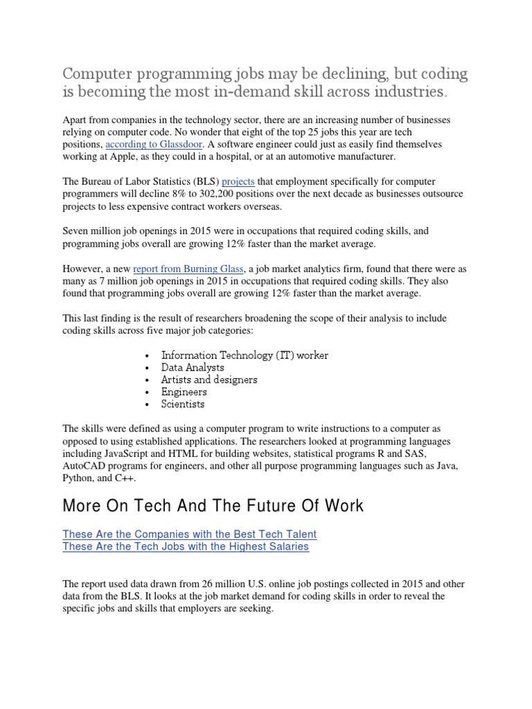 Computer Programming Jobs May Be Declining, But Coding Is Becoming The ...