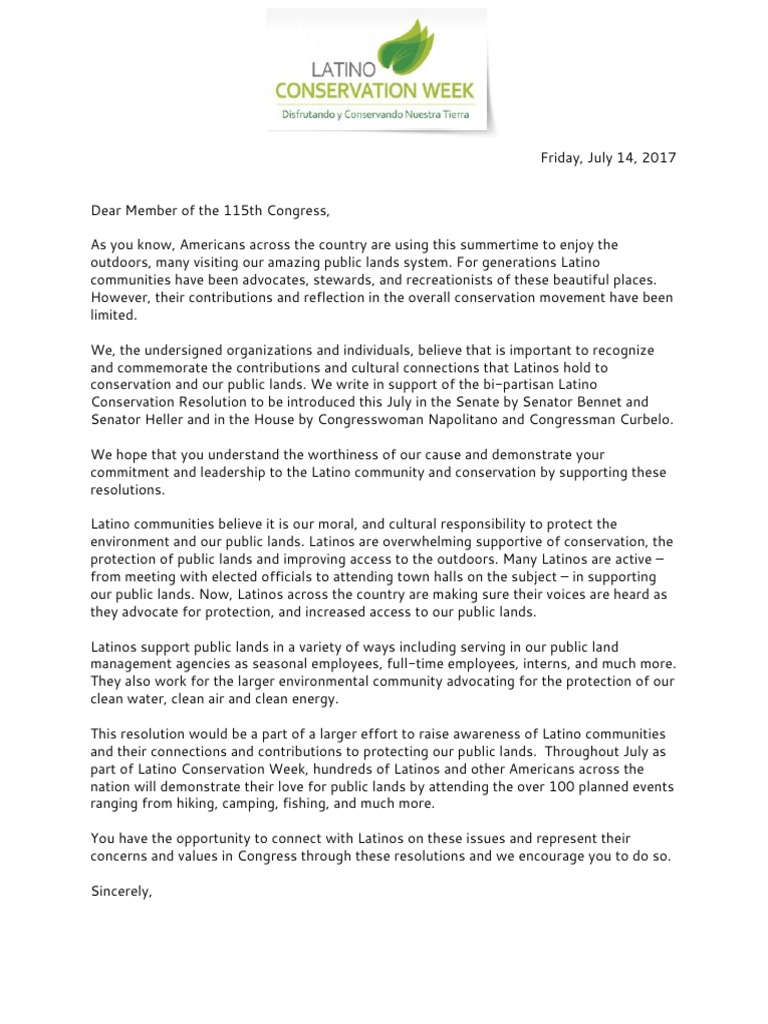Community Support Letter For Latino Conservation Resolution | PDF ...