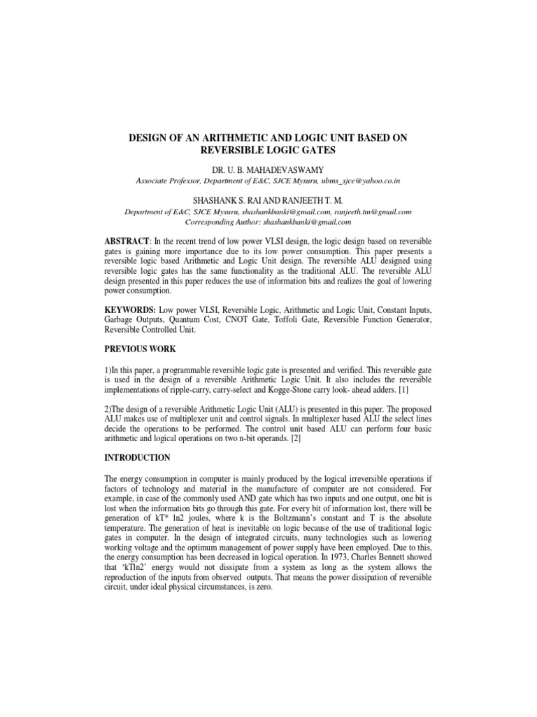 Design of An Arithmetic and Logic Unit Based On Reversible Logic Gates ...