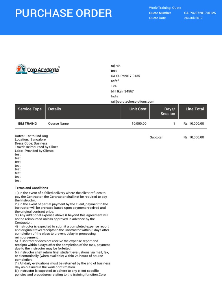 Sample Purchase Order Format For Corporate Trainer | PDF | Business ...