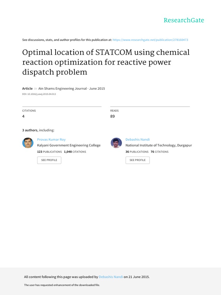 Optimal Location Of Statcom Using Chemical Reactio Pdf Pdf Mathematical Optimization