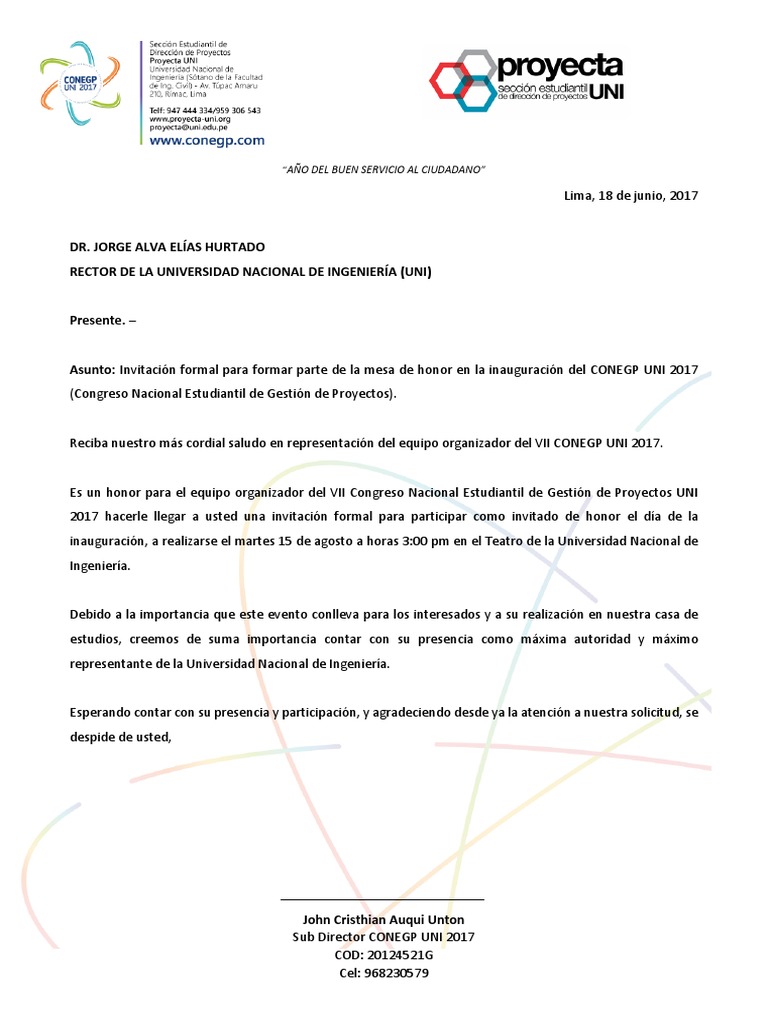 Carta De Invitación Para El Invitado Principal
