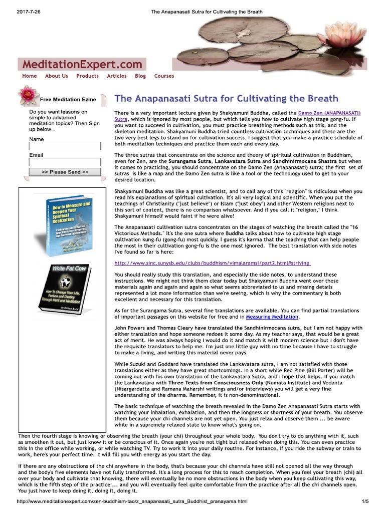 The Anapanasati Sutra For Cultivating The Breath | PDF