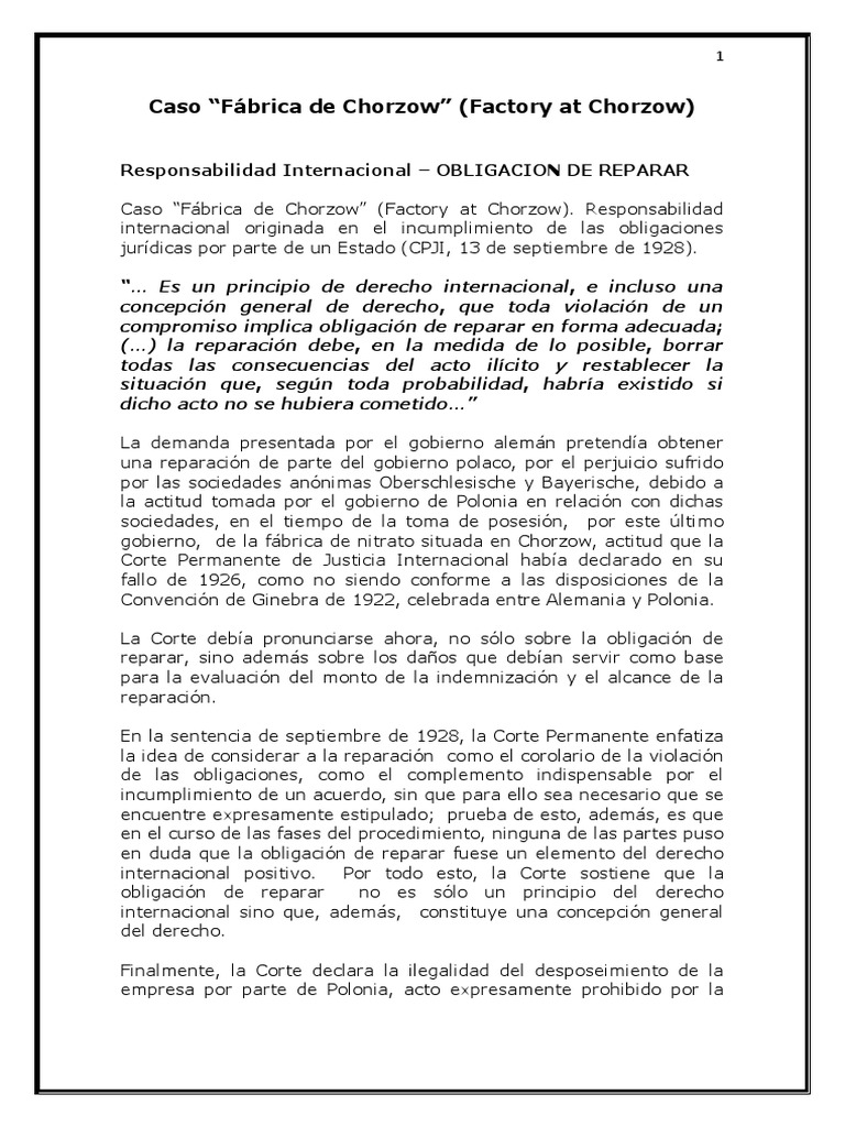 Caso "Fábrica de Chorzow" (Factory at Chorzow) | PDF | Violación | Gobierno