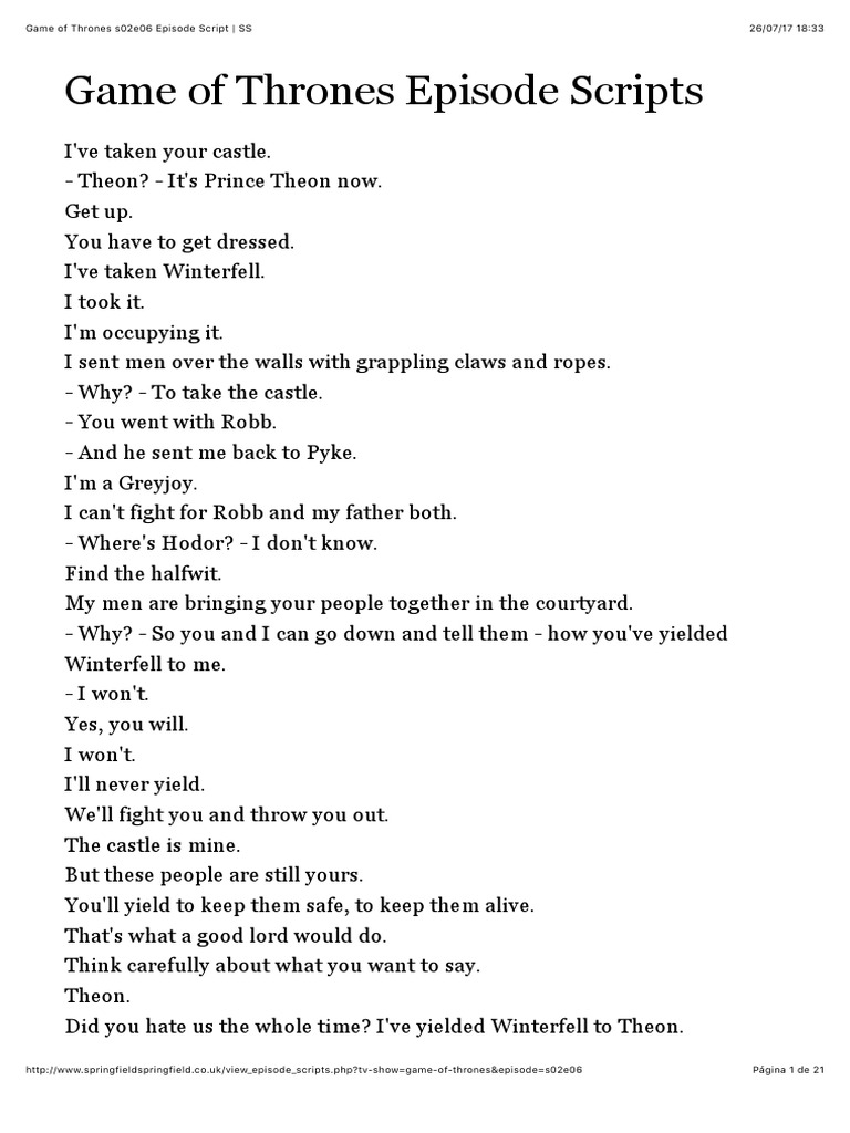 Game of Thrones S02E06 Episode Script | PDF | World Of A Song Of Ice ...