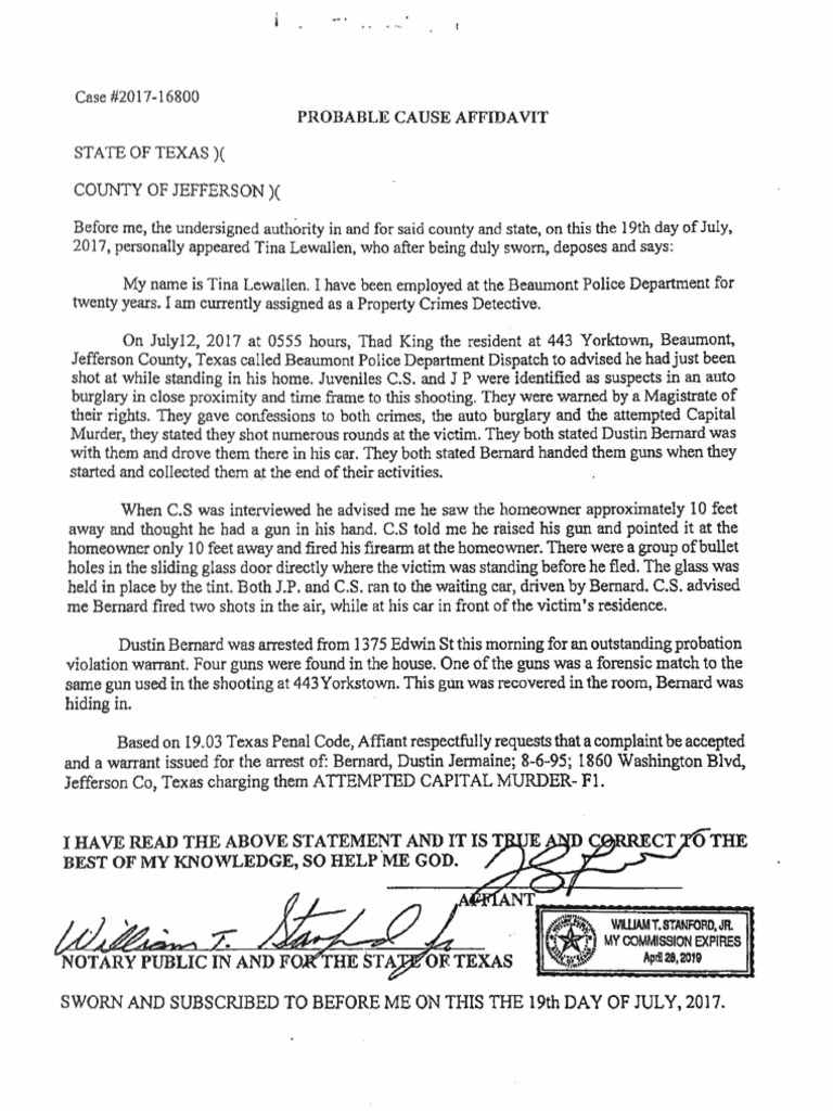 Probable Cause Affidavit for Dustin Bernard