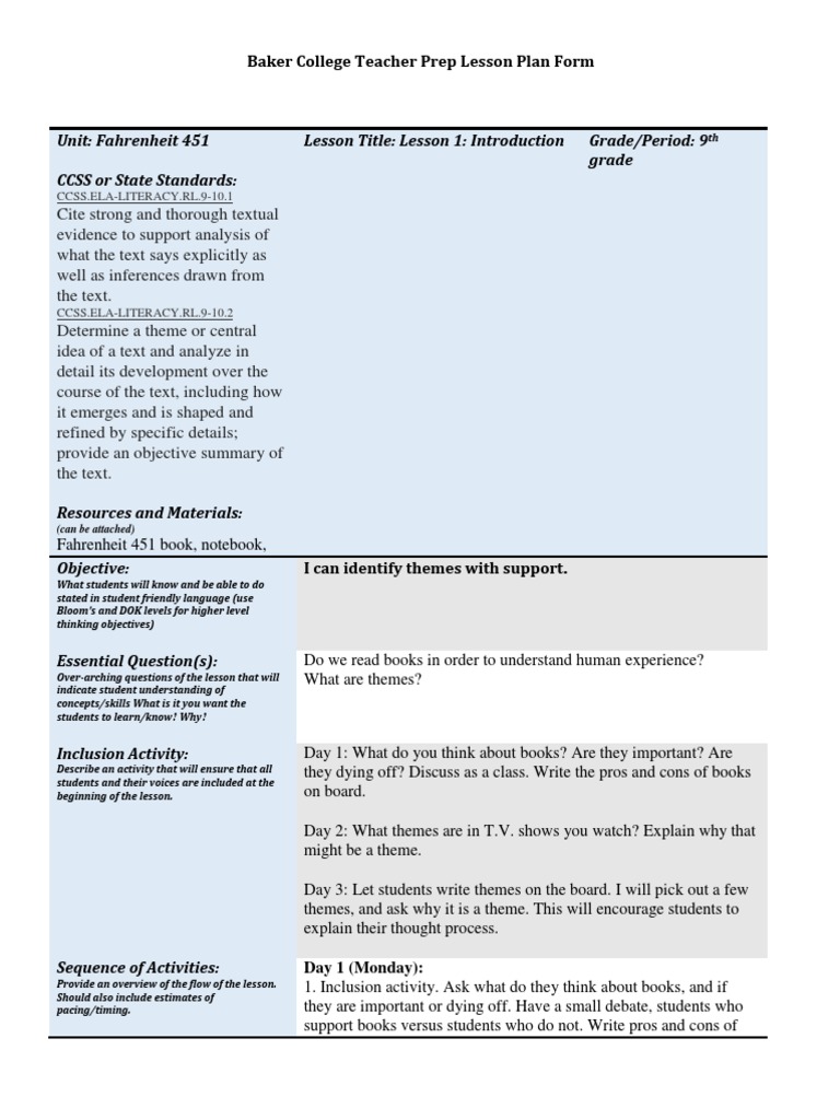 Unit: Fahrenheit 451 CCSS or State Standards: Lesson Title: Lesson 1 ...