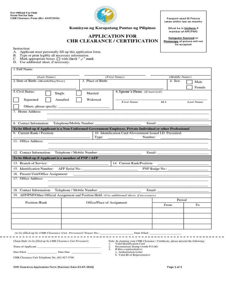 CHR Clearance Application Form | PDF | Identity Document | Government ...
