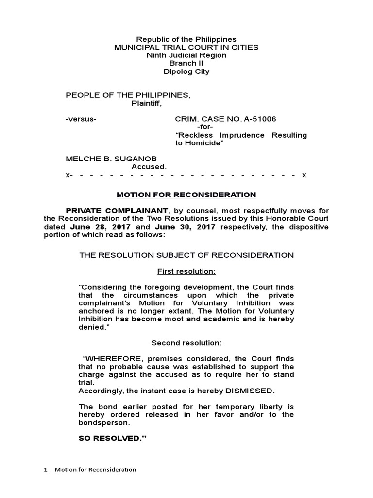 Motion for Reconsideration of Dismissal | PDF | Probable Cause | Evidence