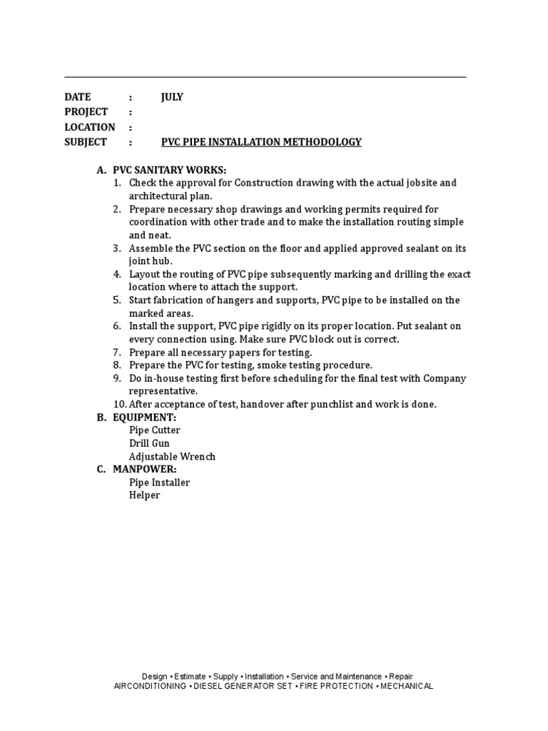 PVC Pipe Installation Methodology | PDF