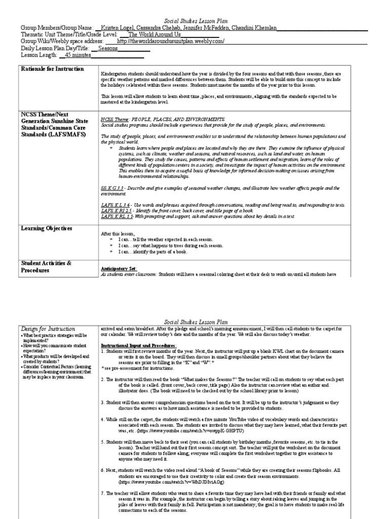 Seasons Lesson Plan | PDF | Reading Comprehension | Lesson Plan