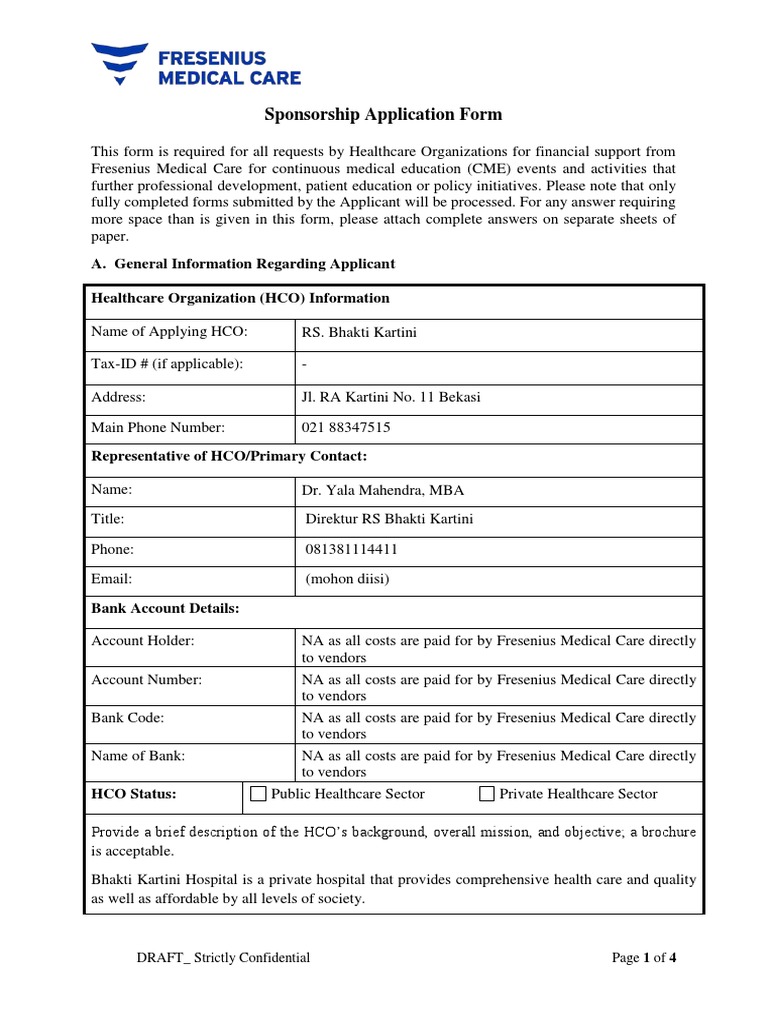 Draft Sponsorship Application Form - For Hospital (PERNEFRI 2017) | PDF ...