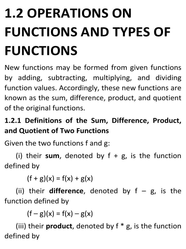 1.2 Operations On Functions and Types of Functions | PDF | Domain Of A ...