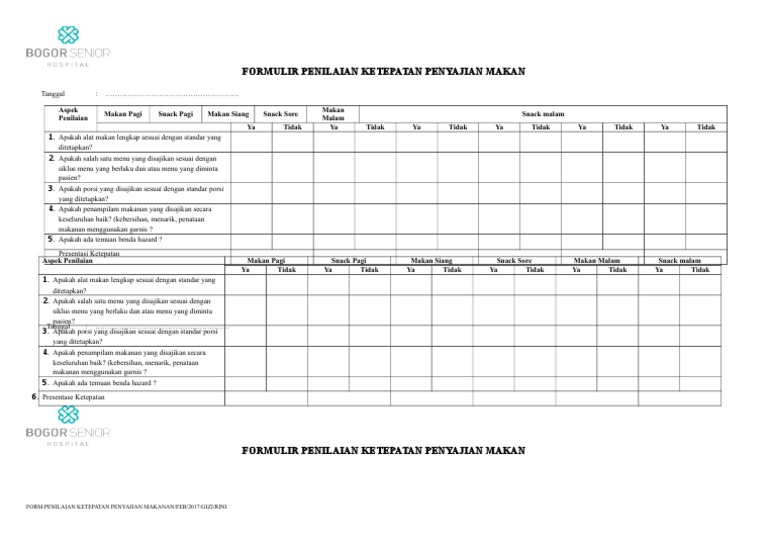 Formulir Penilaian Ketepatan Penyajian Makan | PDF