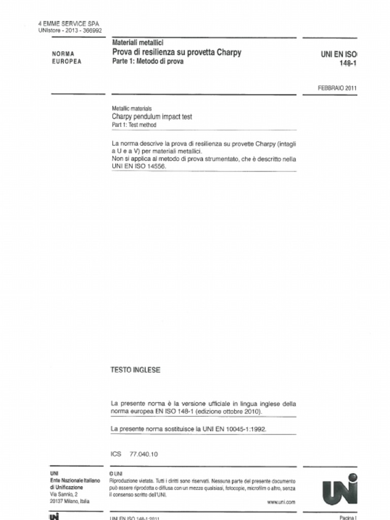 UNI EN ISO 148 1 2011 Resilienza PDF | PDF