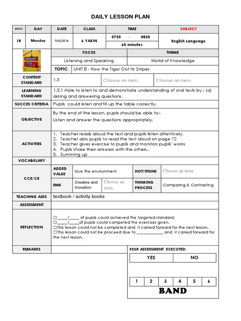Daily Lesson Plan: TOPIC UNIT 8 - How The Tiger Got Its Stripes | PDF ...