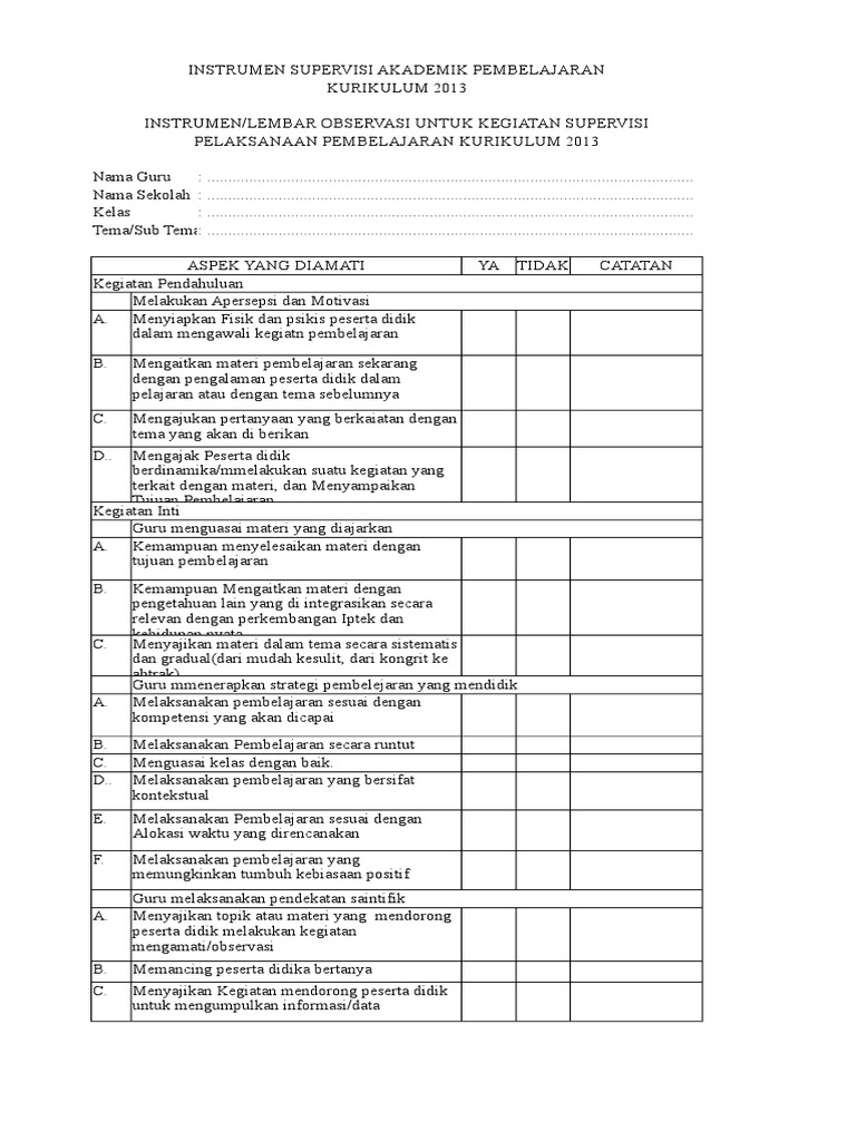 Instrumen Atau Lembar Observasi Untuk Kegiatan Supervisi | PDF