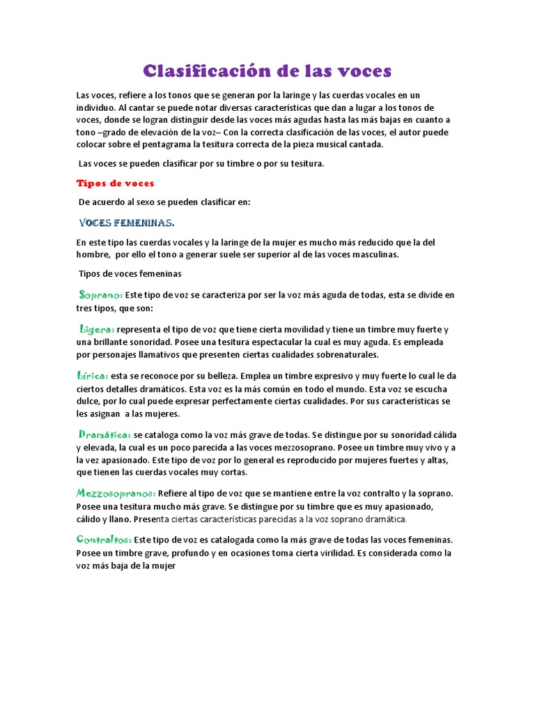 Clasificación de Las Voces | Descargar gratis PDF | Música vocal ...