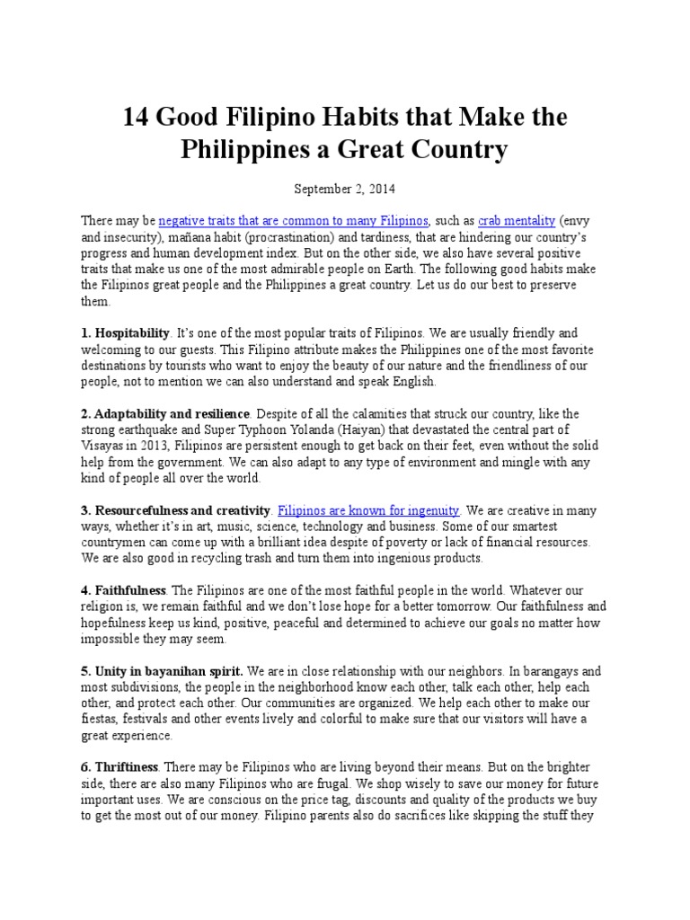14 Good Filipino Habits That Make The Philippines A Great Country | PDF ...