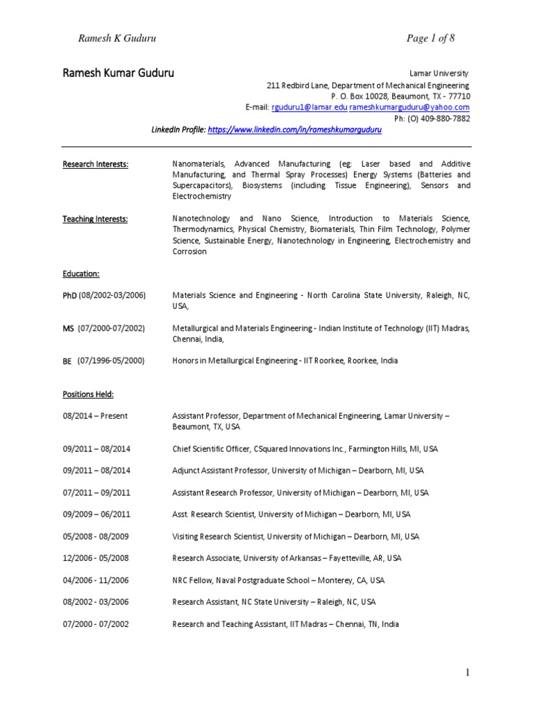Ramesh Kumar Guduru: Curriculum Vitae and Professional Background | PDF | Lithium Ion Battery ...