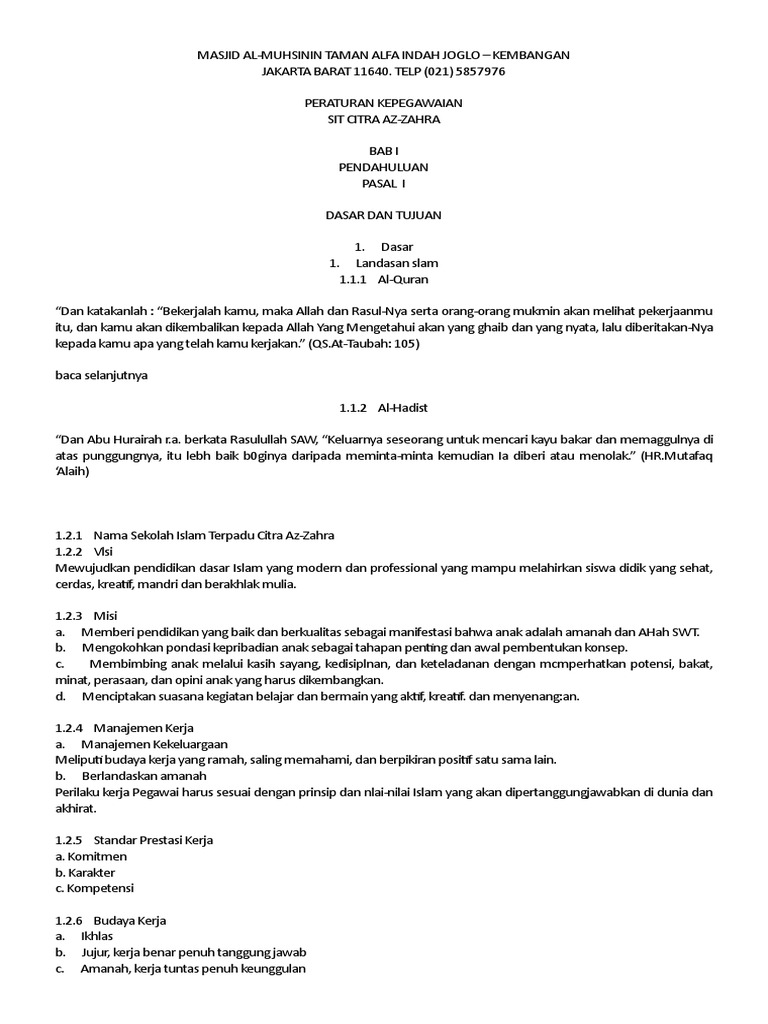 Aturan Kepegawaian Az-Zahra | PDF